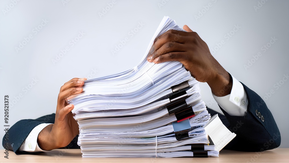 Office worker with a pile of papers on his desk. Man in the office with ...