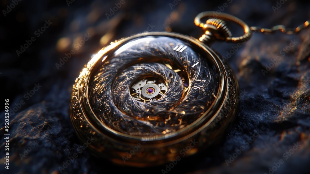 A vintage pocket watch with its face spiraling into a vortex ...