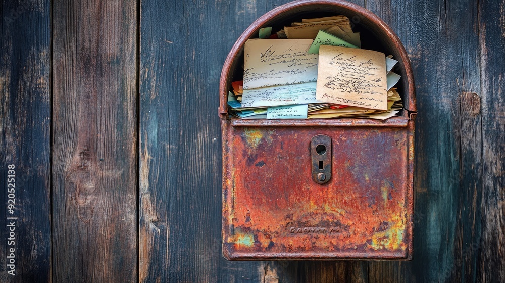 A weathered, vintage tin mailbox overflowing with handwritten letters ...