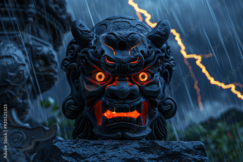 Menacing stone demon statue with glowing eyes and mouth in rain and ...