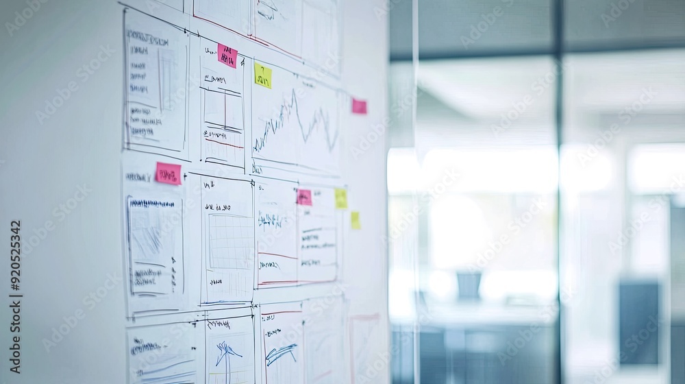 A whiteboard filled with diagrams, charts, and notes from a project ...