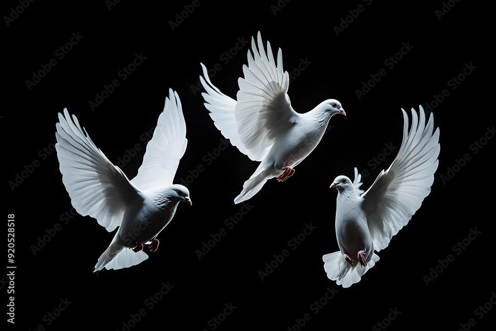 Three White doves flying on black background and Clipping path .freedom ...