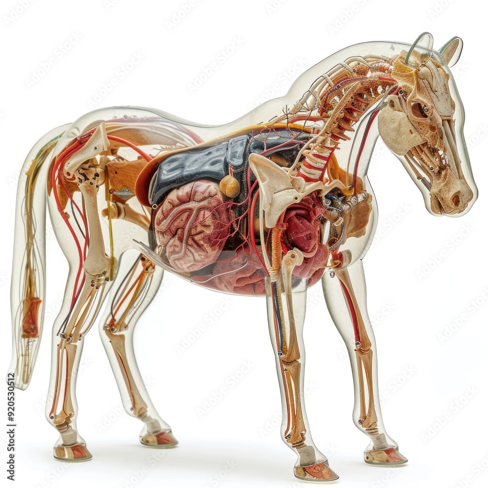 Transparent anatomical model of a horse showing its internal organs ...