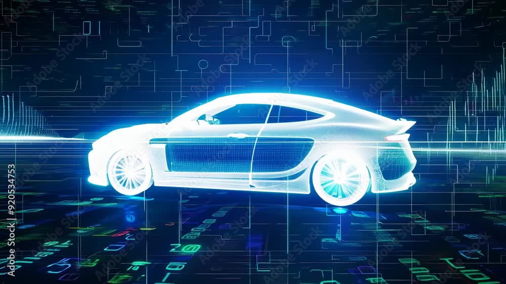 Abstract blue digital car design with futuristic overlays and graphics ...