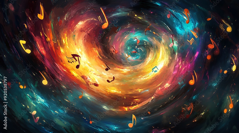 A swirling pattern of musical notes in a spectrum of colors, each note ...