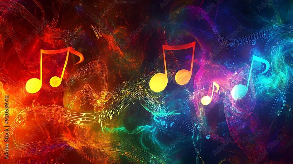An imaginative pattern of musical notes in a spectrum of colors, each ...