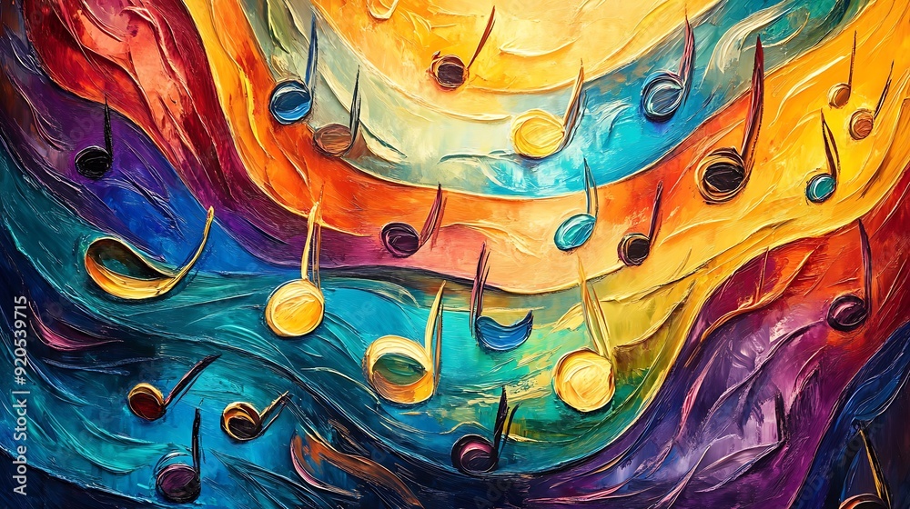 A dynamic composition of musical notes in bright, bold colors, flowing ...