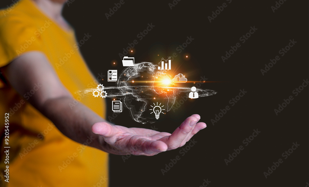 Digital marketing. Human hand wtih global circle interface payment ...