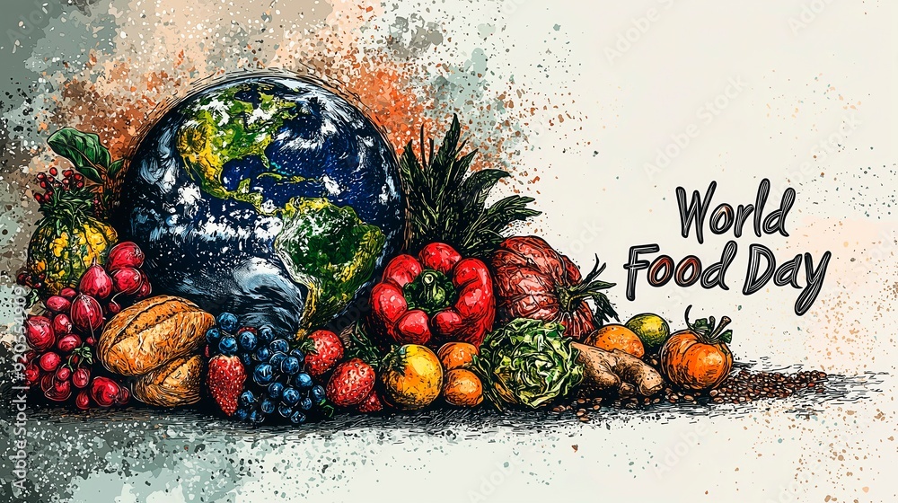 Colorful illustration celebrating World Food Day with fruits ...