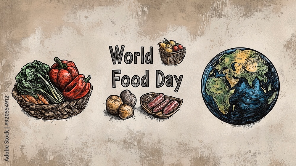 World Food Day celebration with illustrated vegetables, fruits, and ...