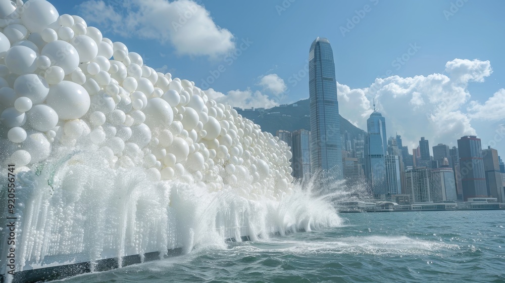 Large, sculptural installation of white spheres, resembling a wave ...