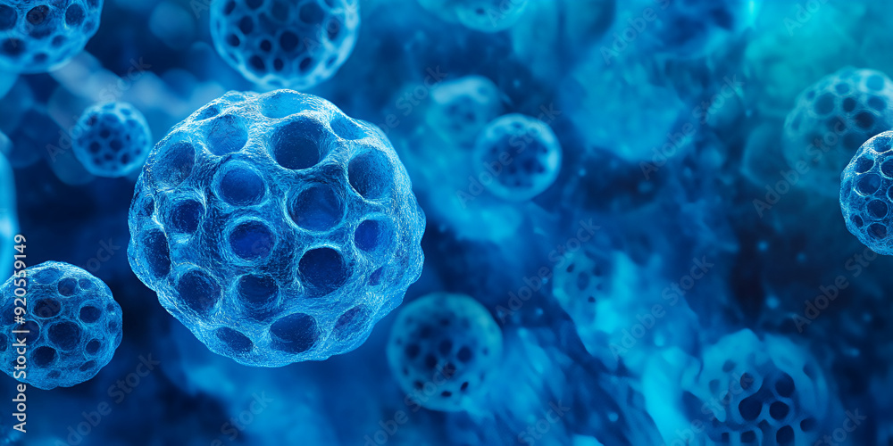 A collection of blue rubber balls suspended in midair creating an ...