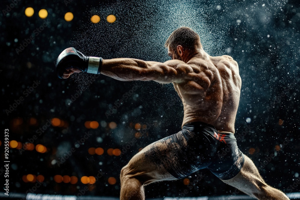 An MMA fighter delivers a powerful punch mid-air in a ring during a ...
