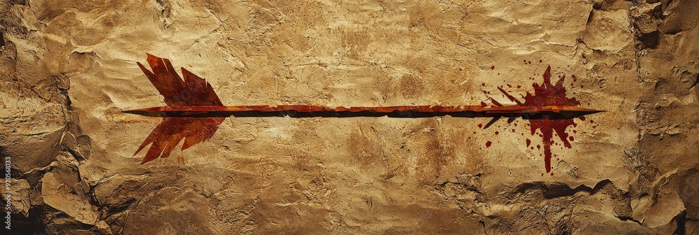 A faded and weathered prehistoric cave painting depicting a fiery ...