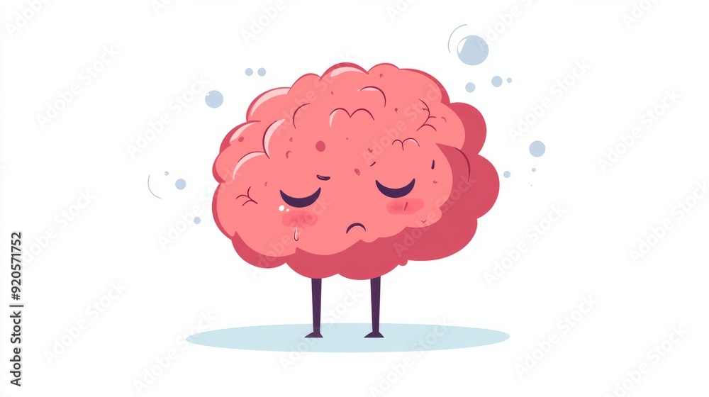 Cartoon illustration of cute unhappy overwork brain character on white ...
