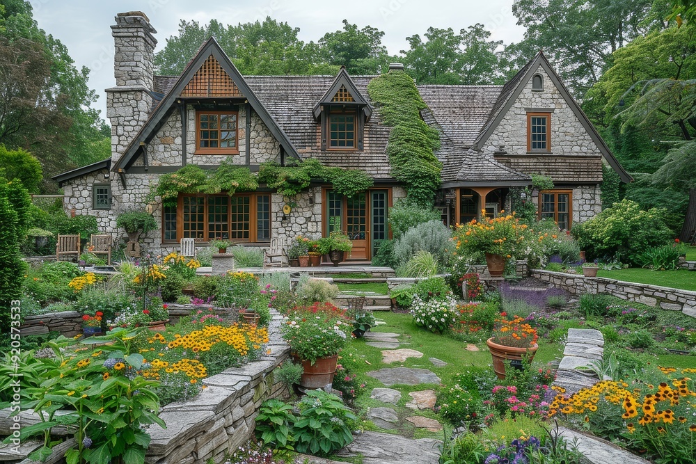 Elegant rustic cottage front yard with stone path, lush greenery ...