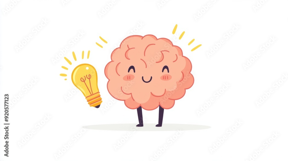 Cartoon illustration of cute happy brain. It is thinking up about ...