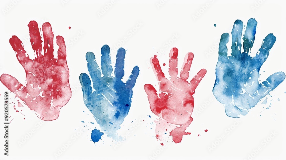 Handprints in red, white, and blue,Clipart, watercolor illustration ...