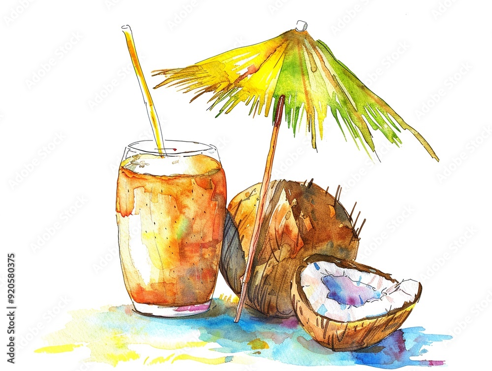Coconut drink clipart with a straw and umbrella,Clipart, watercolor ...