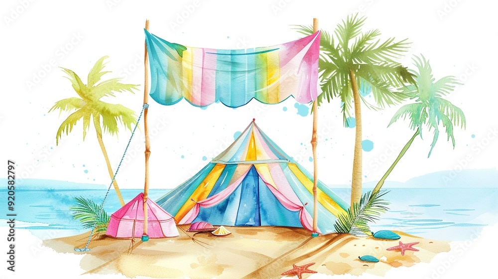 Beach tent clipart with a colorful canopy,Clipart, watercolor ...