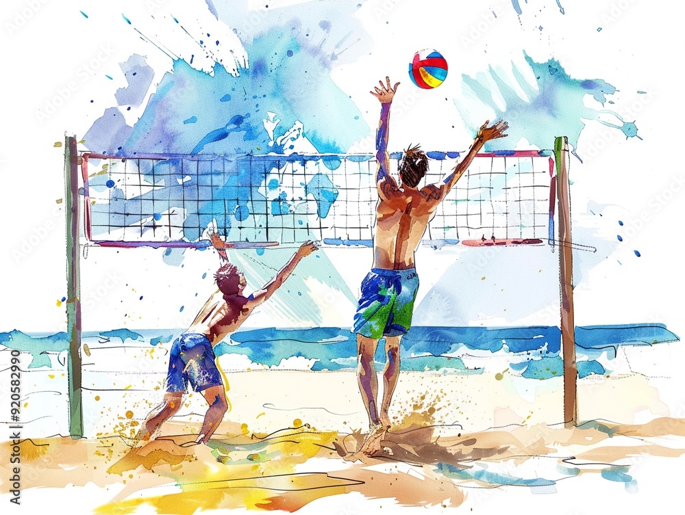 Beach volleyball clipart midspike action,Clipart, watercolor ...