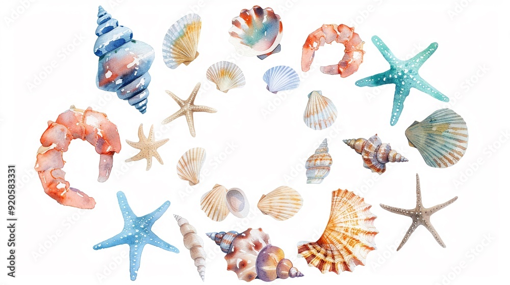 Seashell clipart arranged in a circular pattern,Clipart, watercolor ...