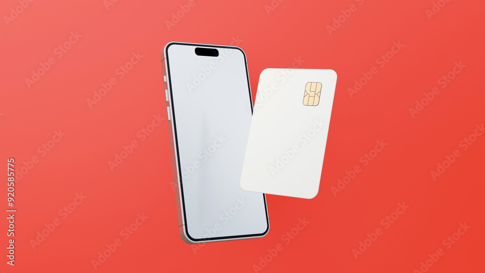 Smartphone and plastic credit card. 3d mobile phone with blank white ...