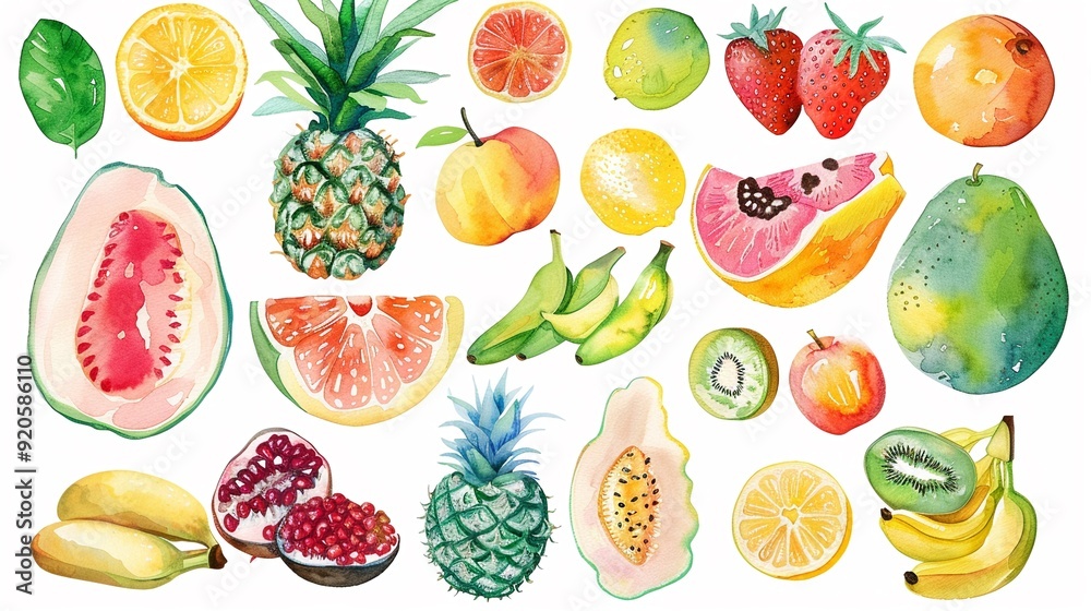 Tropical fruit clipart assortment,Clipart, watercolor illustration ...