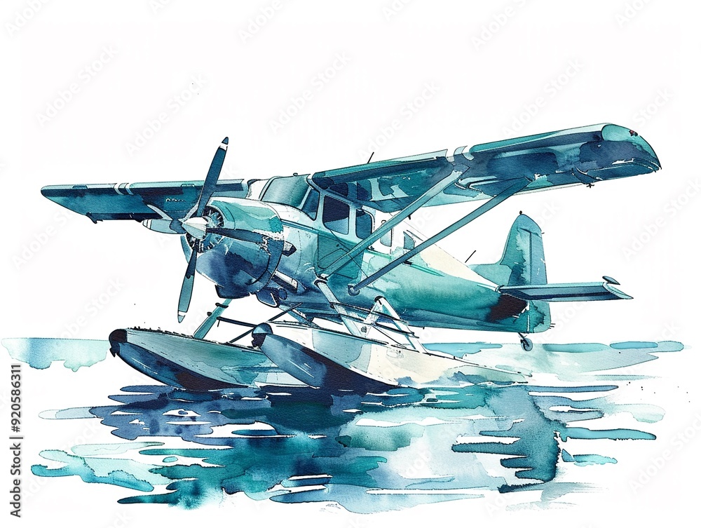 Seaplane clipart flying over the ocean,Clipart, watercolor illustration ...