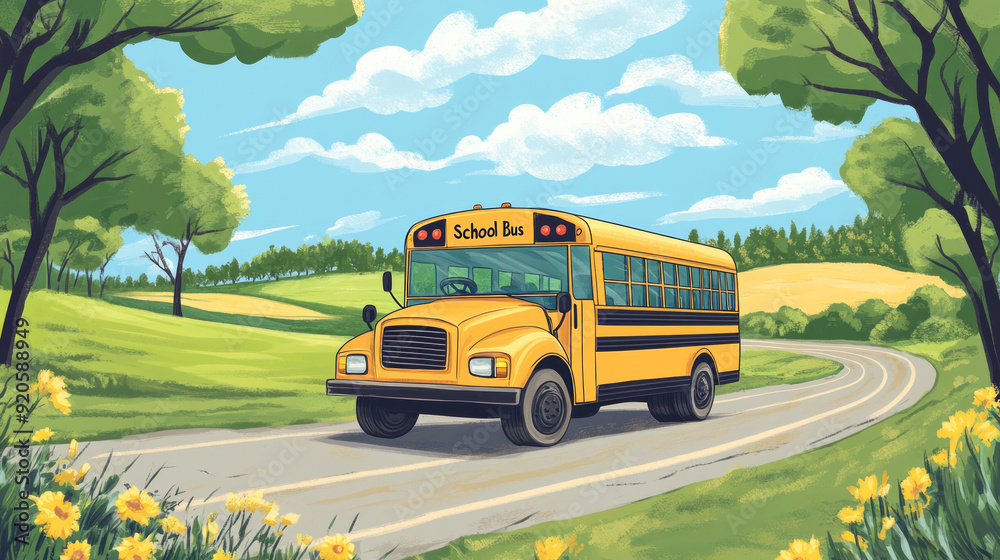 Happy yellow cartoon smiling school bus on sunny country road children ...