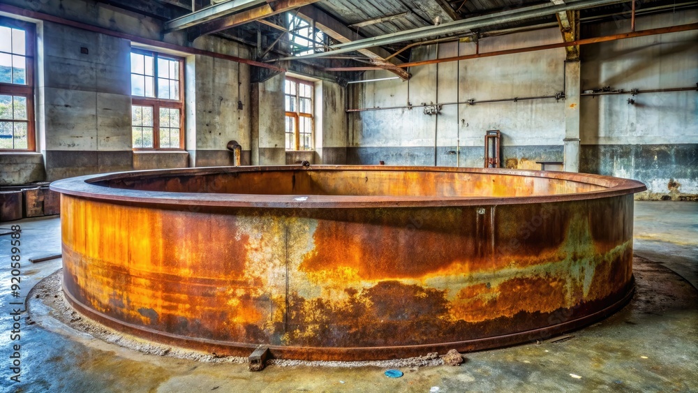 Large, rusty metal vat sitting isolated on a worn, concrete floor, with ...