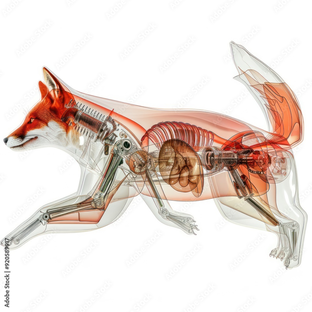 X-ray image of a fox running with visible skeleton, muscles and organs ...