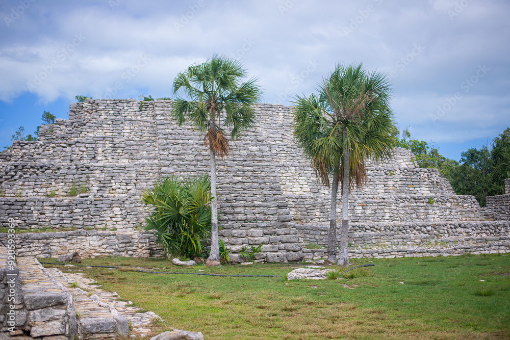 complex of mayan pyramids with wide impressive steep stairs in ancient ...