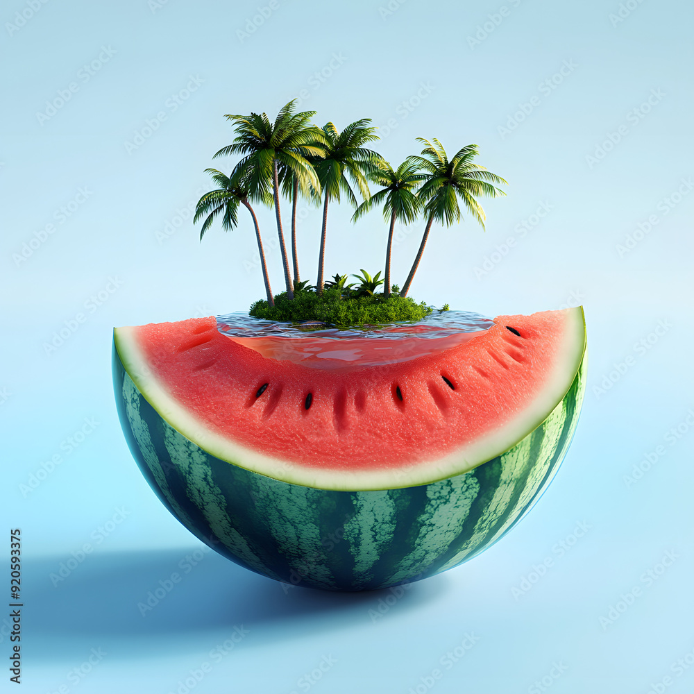 Watermelon half posing as an island with water and palm trees on top ...