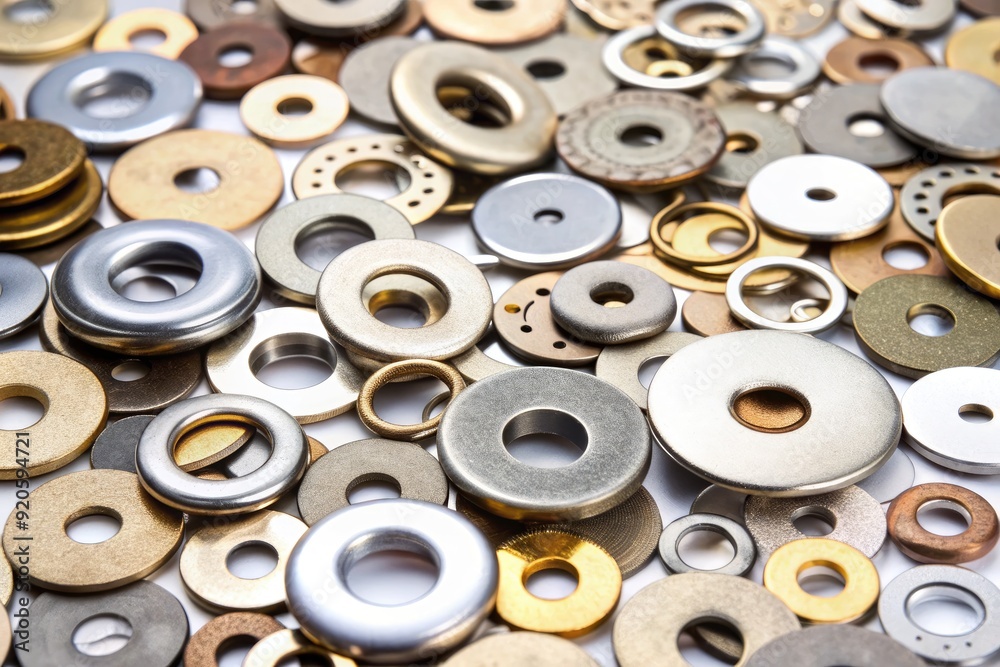 Assortment of metal washers in various shapes and sizes scattered on a ...