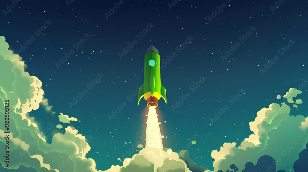 Space Shuttle Flying Over The Clouds, Dazzling cartoon style rocket ...