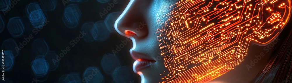 Digital human face composed of illuminated circuit patterns, side view Represents the fusion of ...