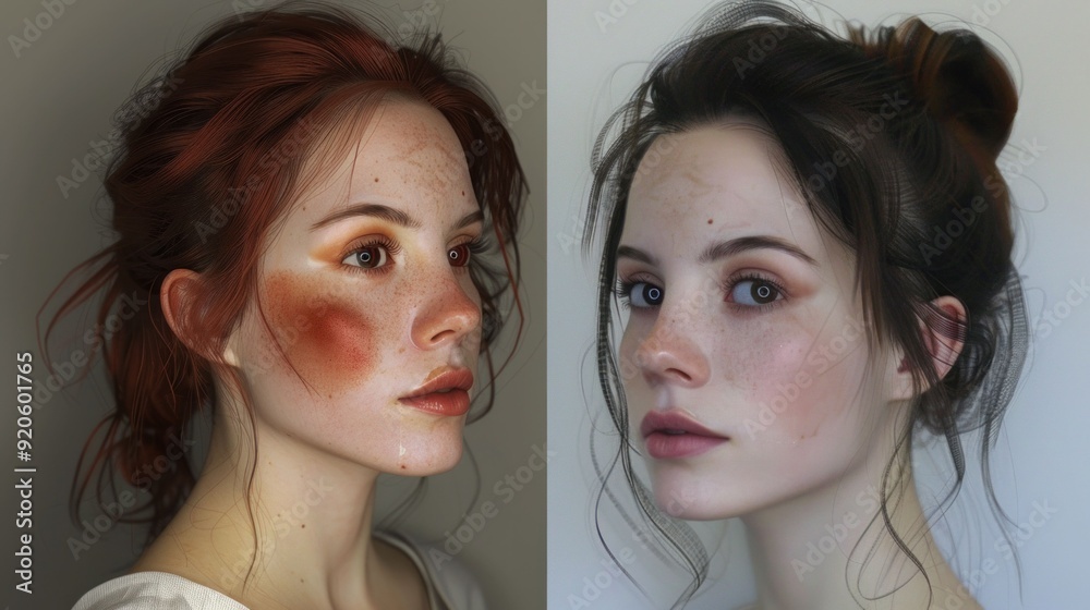 A split portrait of a young woman showcasing two different facial ...