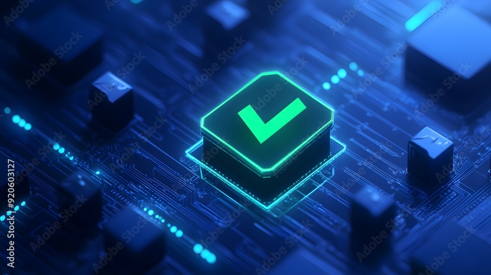 A glowing check mark icon on an electronic circuit board representing ...