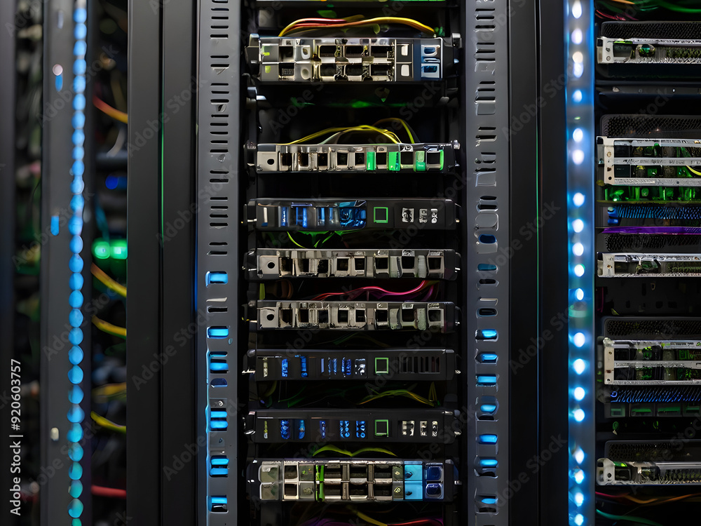 ภาพประกอบสต็อก server rack mounted on a rack,server rack with cables ...