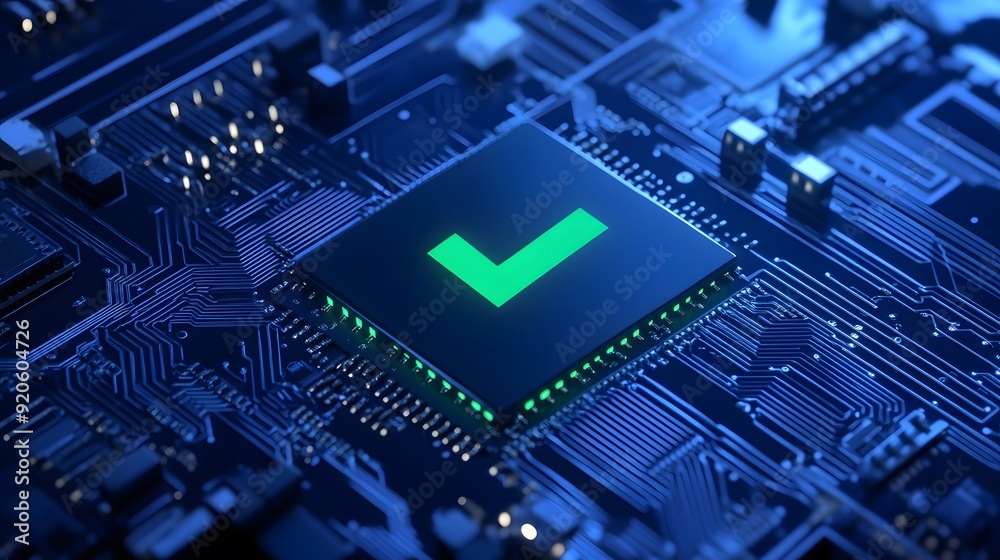 Close-up of a computer chip with a green check mark, symbolizing ...