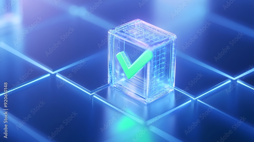 Digital check mark symbol in a glowing 3D futuristic box, representing ...