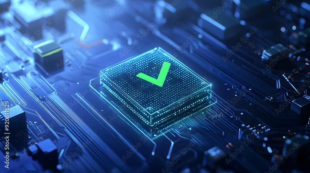 Digital circuit with green checkmark on microchip, symbolizing system ...