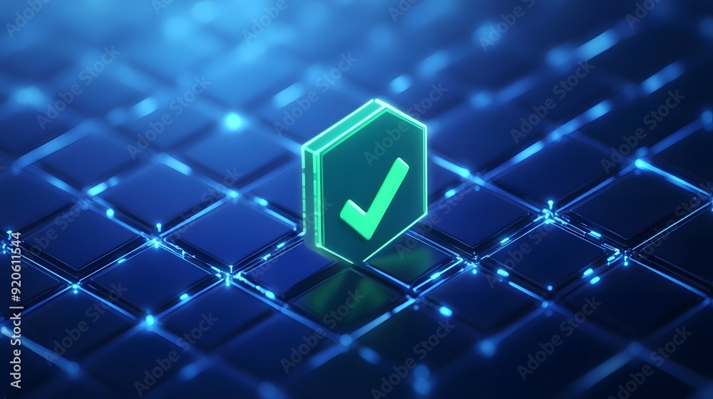 Digital concept image of a green checkmark symbol on a futuristic grid ...
