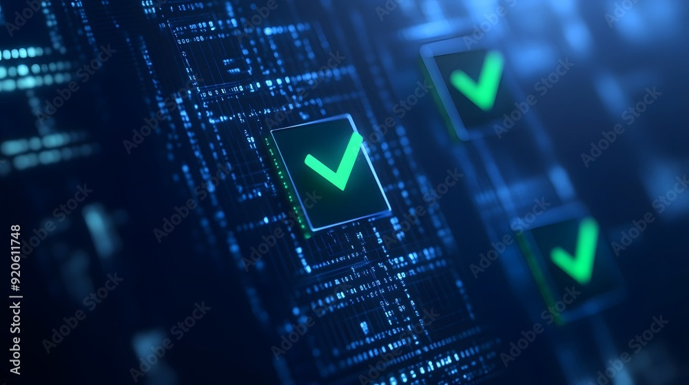 Digital green check marks on a technological circuit board signify ...