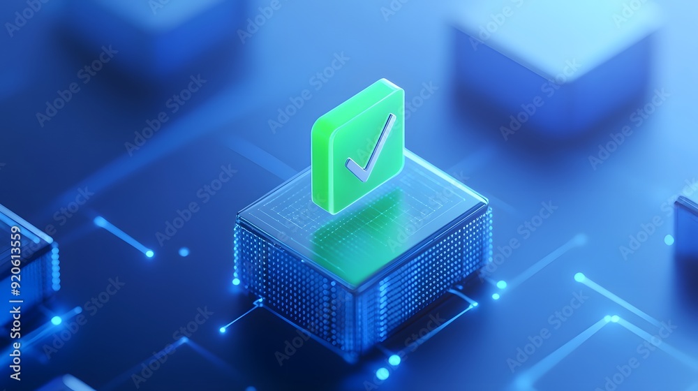 Digital verification symbol on a glowing platform, representing ...