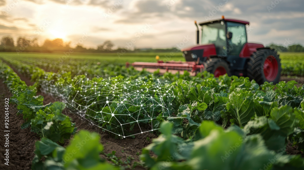 Modern tractor in a field at sunset, showcasing advanced agricultural ...