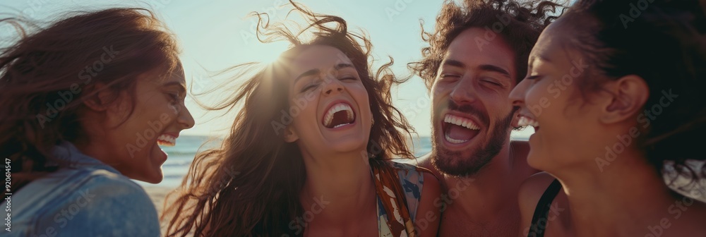 Candid photo of four friends laughing together at the beach ...