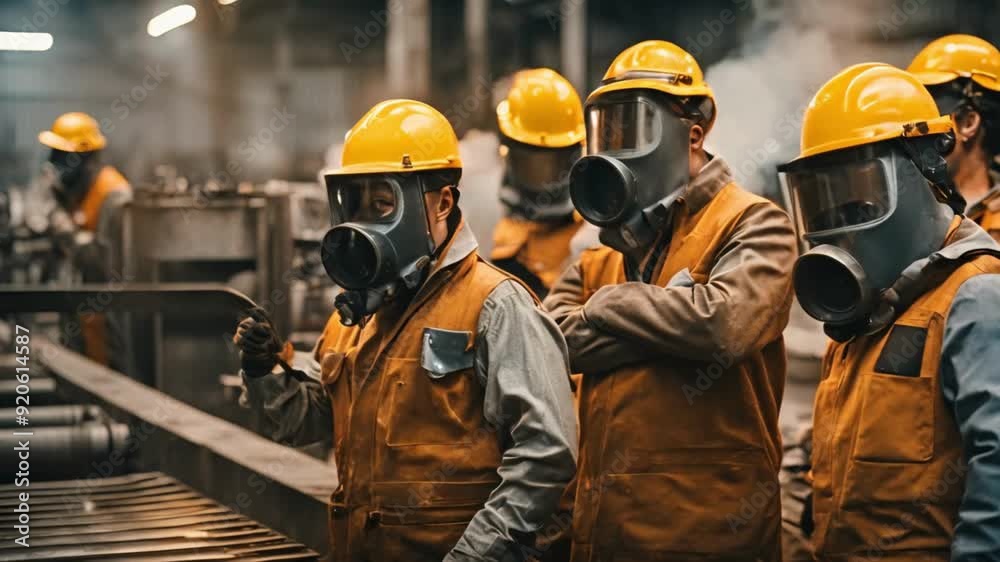 At steel welding plants, workers in industrial uniforms and wearing ...