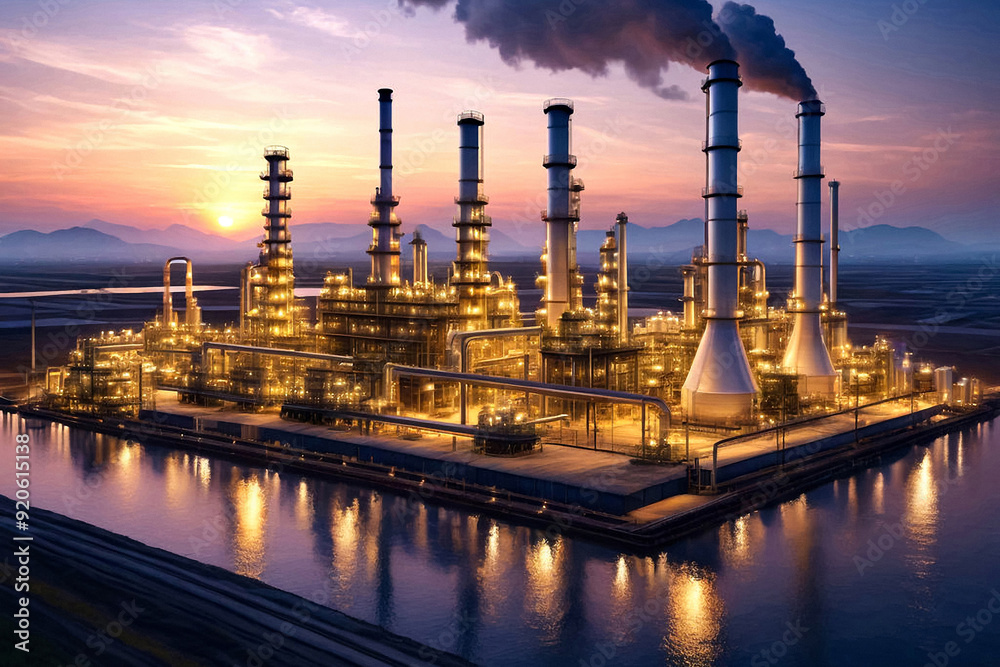 Oil and gas refinery factory at sky sunset background, petrochemical ...